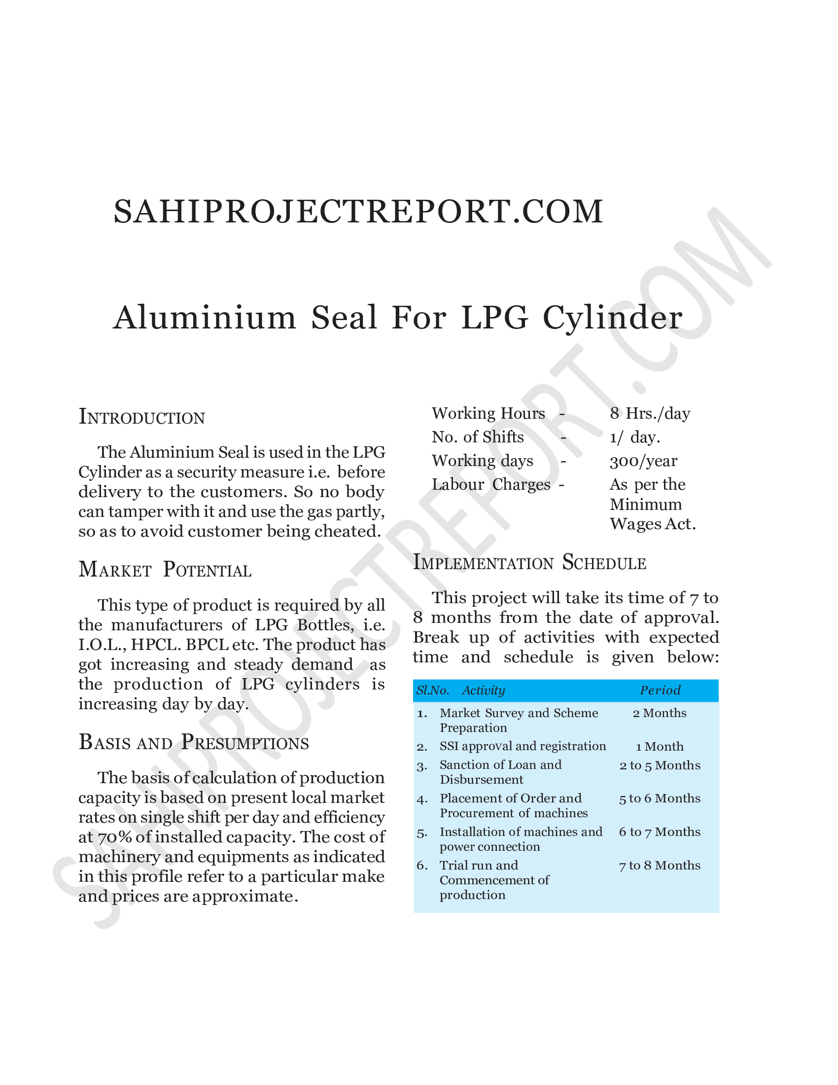 PROJECT REPORT FOR ALUMINUM SEAL FOR LPG CYLINDER - Sahi Project Report